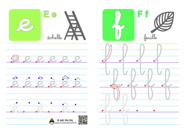 Ecriture de l’alphabet en cursives : lettres e et f | ARC EN CIEL